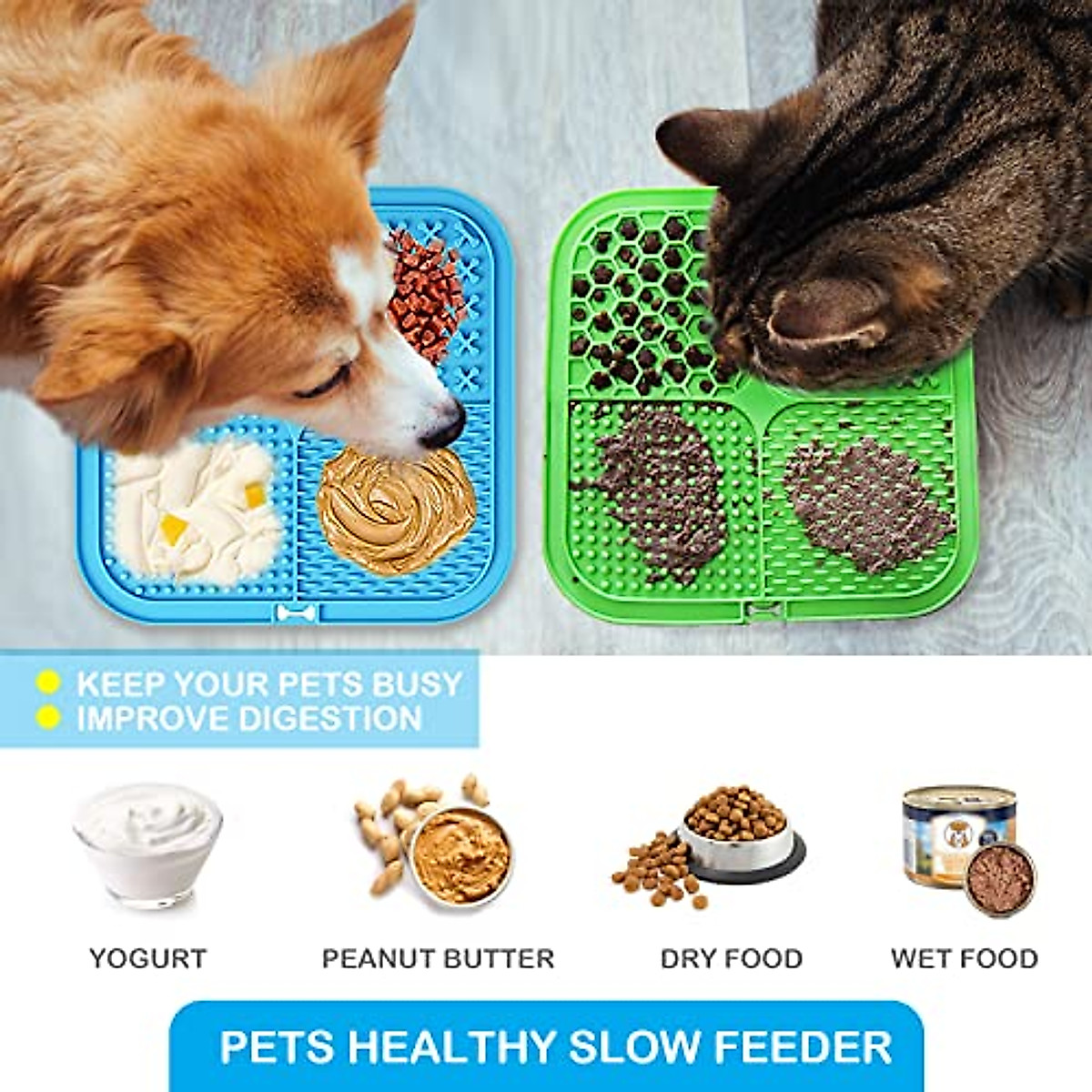 VEEVAO Lick Mat for Dogs, 8"×8" Food-Grade Silicone Dog Lick Mat as Dog & Cat Slow Feeder, 2 PCS Dog Licking Mat with Suction Cups and Can Lids, Relieve Pets Anxiety and Boredom(No Cans Included)…