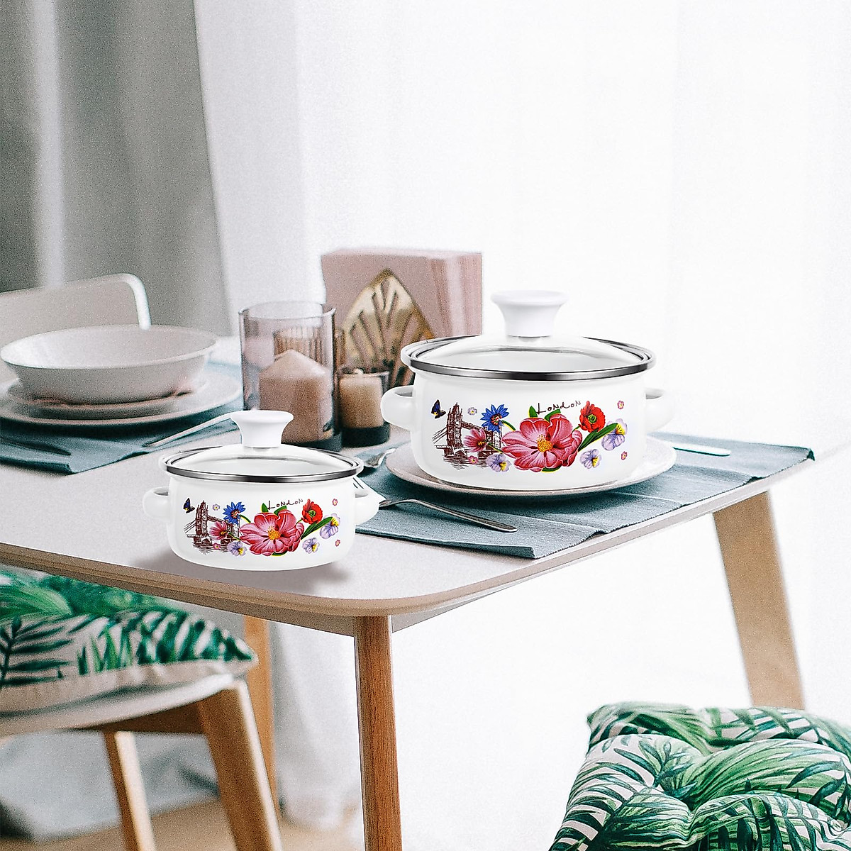 Amosfun Mini Soup Pot Retro Floral Enamelware Pot with Lid - 4.5 Inch 5.5 Inch 8 Inch Assortment Ramen Soup Pot with Handle Ears