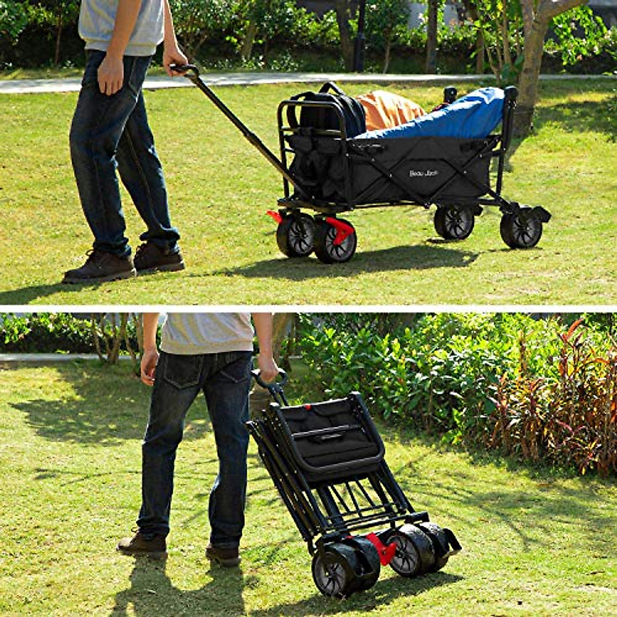 BEAU JARDIN Collapsible Folding Beach Wagon Cart 350lbs Foldable All Terrain Wagon 100L Utility Camping Grocery Portable Outdoor Garden Sport Shopping Heavy Duty Push Pull Wagon Black