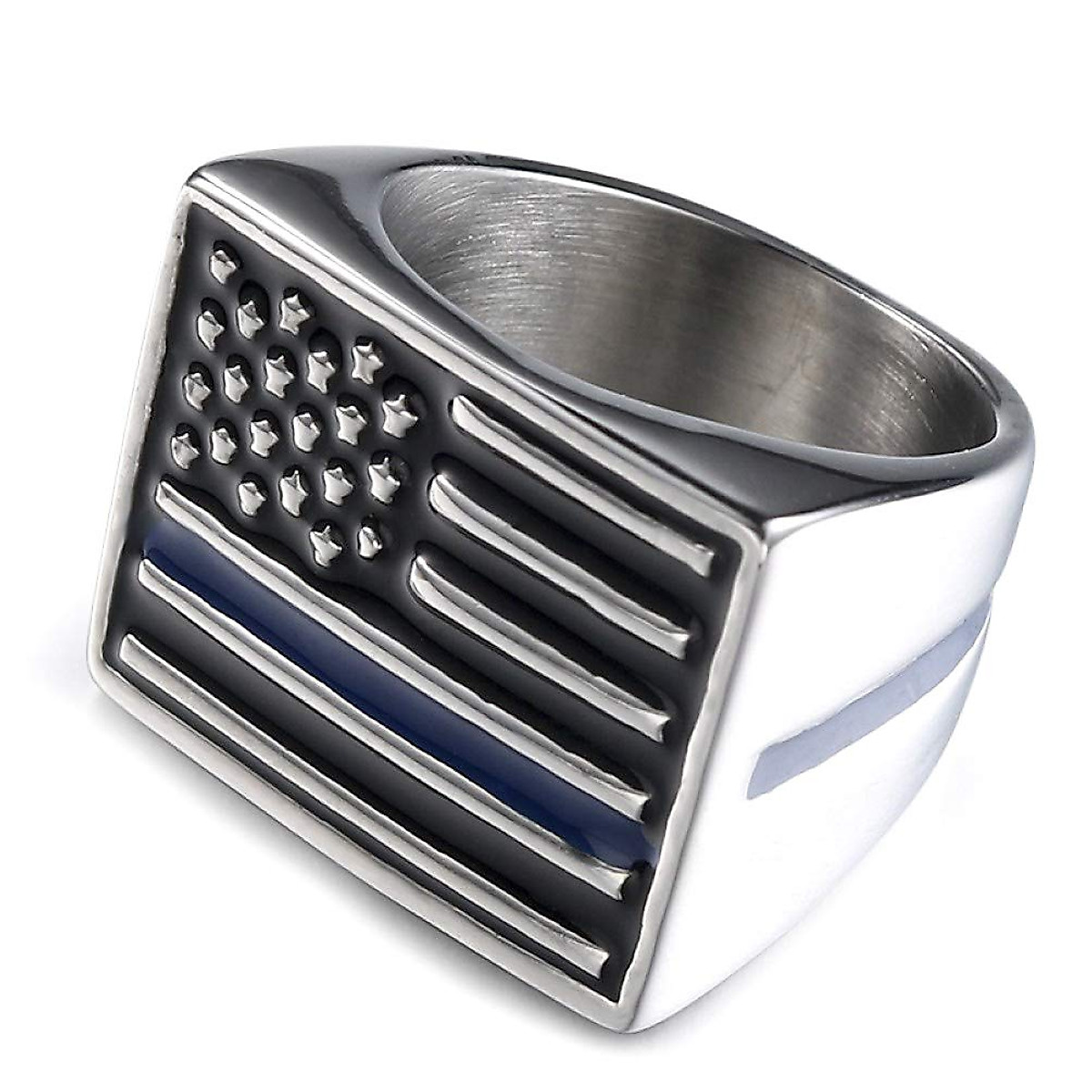 Sping Jewelry Blue Line USA Flag Ring Black American Police Flags Signet Biker Band