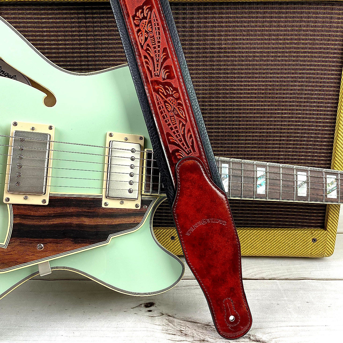 Walker & Williams GB-106 Bourbon Red Brushed Finish Guitar Strap With Padded Glove Leather Back And Classic Live Oak Pattern For Acoustic, Electric, And Bass Guitars