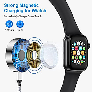 5 in 1 Smart Watch Charger Cable 6FT Magnetic iWatch Charger Multi Charging Cable with Lightning*2+Type C Nylon Braided iPhone Charger for Apple Watch Series 7/6/5/4/3/2/1/SE/iPhone/iPad/Samsung/Andr