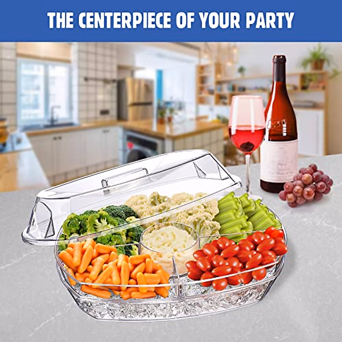 LIMOEASY Chilled Veggie Tray, 15 Inch Clear Party Platter with 4 Compartments, Ice Serving Bowl with Lid, Cold Food Buffet Server for Fruit, Vegetable, Appetizer, Shrimp