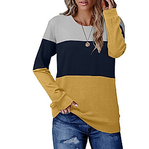 CRAZY GRID Ladies Long Sleeve Tops Pullover Color Block Casual Sweatshirts Comfy Lounge Blouse Blue Yellow Medium