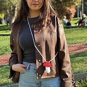 Crochet Mushroom Pouch, Handmade Mushroom Pouch Chapstick Holder – Festival Pouch Necklace – Crochet Handmade Case Pendant, Lanyard for Lip Balm (Red)