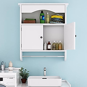 LUCYPAL Bathroom Cabinet Wall Mounted with Doors, Wooden Hanging Cabinet, Bathroom Cabinet with Towel Bar Over The Toilet, Bathroom Wall Cabinet White