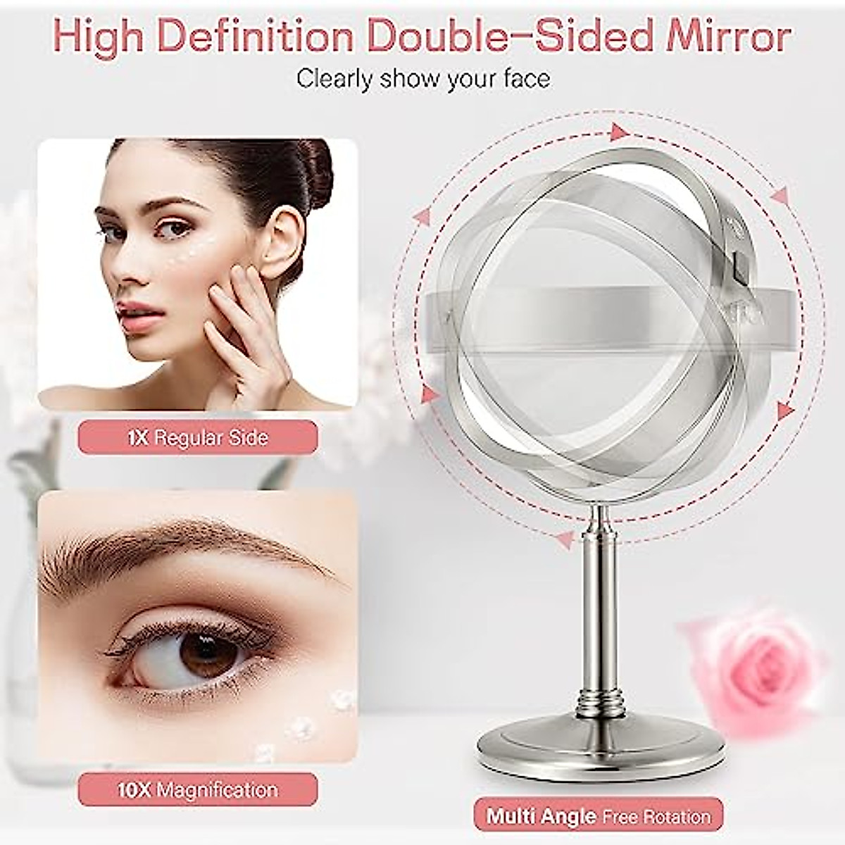 VESAUR 8" Rechargeable Lighted Makeup Mirror, 1X/10X Magnifying Mirror with 3 Colors 50 LED Lights, Touch Screen Brightness Adjustable, Removable Travel Vanity Mirror 360° Rotation, Senior Nickel