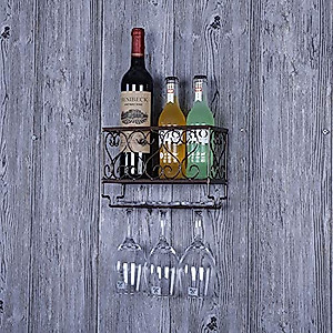 Wine Rack Wall Mounted Iron shelff and Hanging Wine Rack Inverted Wine Cup Rack, Restaurant and Living Room Decorated (9.84inch)