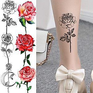 EGMBGM 24 Sheets Black Sketch Rose With Snake Temporary Tattoos For Women, Sexy Red Rose Branch Crescent Moon Tattoo Sticker For Girls, Waterproof Arm Leg Neck Fake Flowers Tattoo Temporary Tatoo Kit