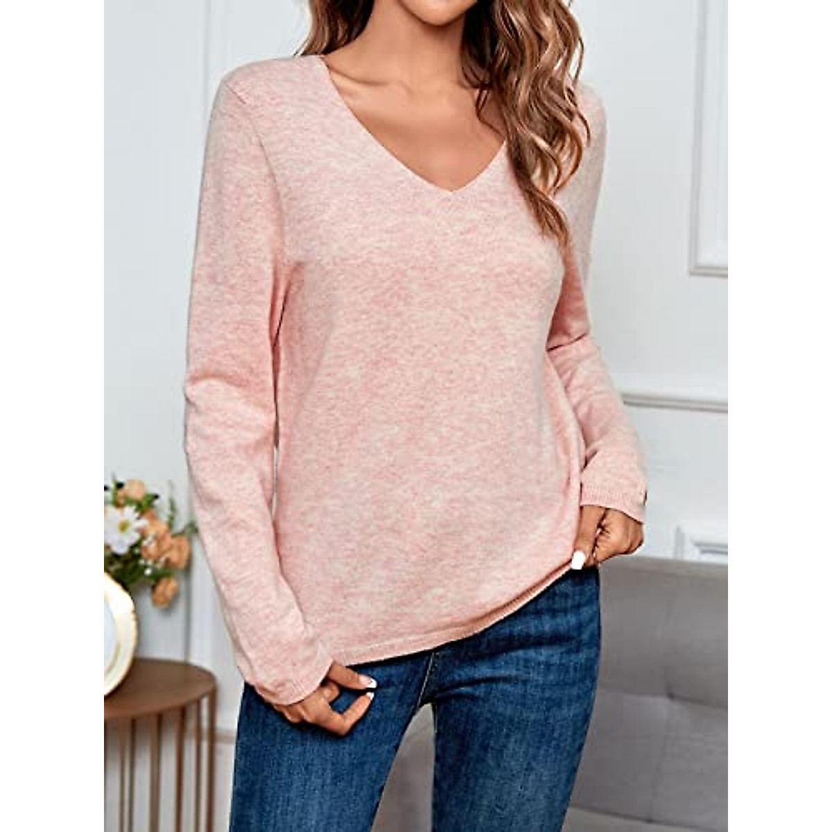 Berthmeer Women's Wool V Neck Wool Sweater Long Sleeve Pullover Loose Jumper Winter Knitwear Peach Pink