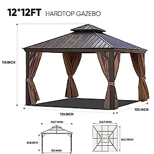 NANONYY 12’ X 12’ Hardtop Gazebo Sturdy Aluminum Construction with Galvanized Steel Double Roof Outdoor Gazebo for Patio, Lawn and Garden. Includes Curtains and Netting .Brown