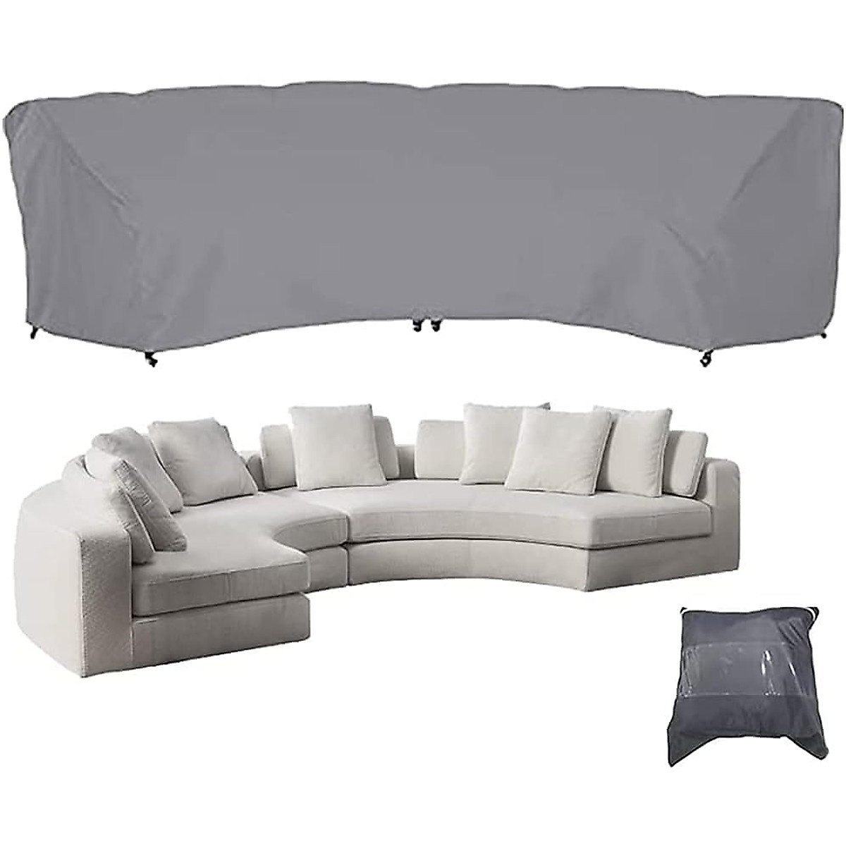 UCARE Curved Sofa Cover Outdoor Couch Sectional Protector Waterproof Half Moon Sofa Set Cover with Windproof Elastic Cord for Garden Lawn Indoor Grey (89.7x45.6x33.8in/228x116x86cm)