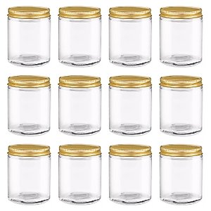 North Mountain Supply 6 Ounce Clear Glass Straight Sided Mason Canning Jars - With 63mm Gold Metal Lids - Case of 12