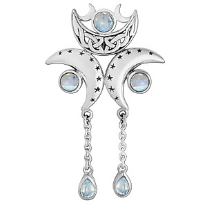 Women's Triple Crescent Moon Pendant - Sterling Silver Celtic Pagan Wiccan Moon and Star Jewelry with Natural Rainbow Moonstone