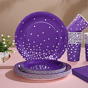 Gudvilla 168Pcs Purple Plates and Napkins Party Supplies, Purple Paper Plates, Purple Party Plates, Purple Party Decorations for Birthday Bridal Shower Mardi Gras Graduation Plates, Serves 24