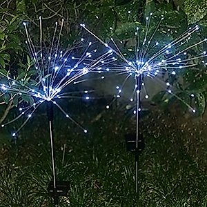 Rockabyee 2 Pack 120 Led Solar Firework Lights, 8 Modes Starburst Stake Lights, Outdoor Solar Garden Lights for Wedding Party Festival (Cool White)