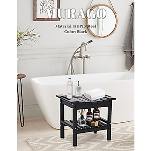 Murago HDPE Poly Lumber Shower Stool with Storage 20×12×19, Heavy Duty Waterproof Bench Indoor Outdoor Spa Stool Chair with Towel Bar [Black]