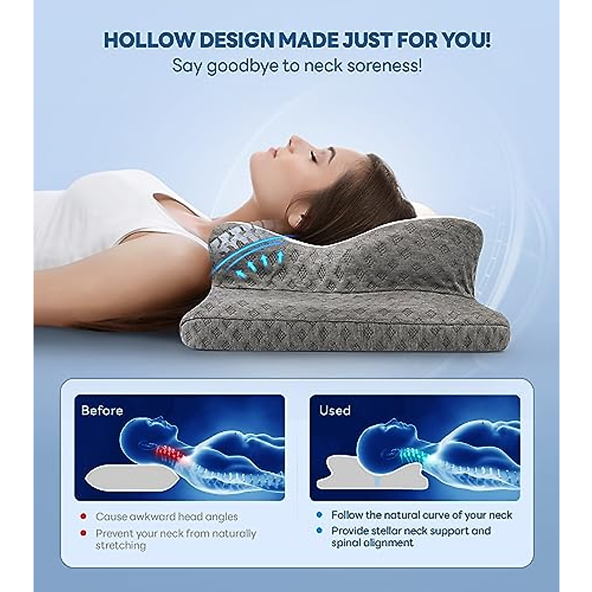 No More Aches Neck Pillow for Pain Relief, Adjustable Cervical Support with Armrest, Odorless Ergonomic Contour Memory Foam Pillows,Orthopedic Bed Side Back Stomach Sleeping