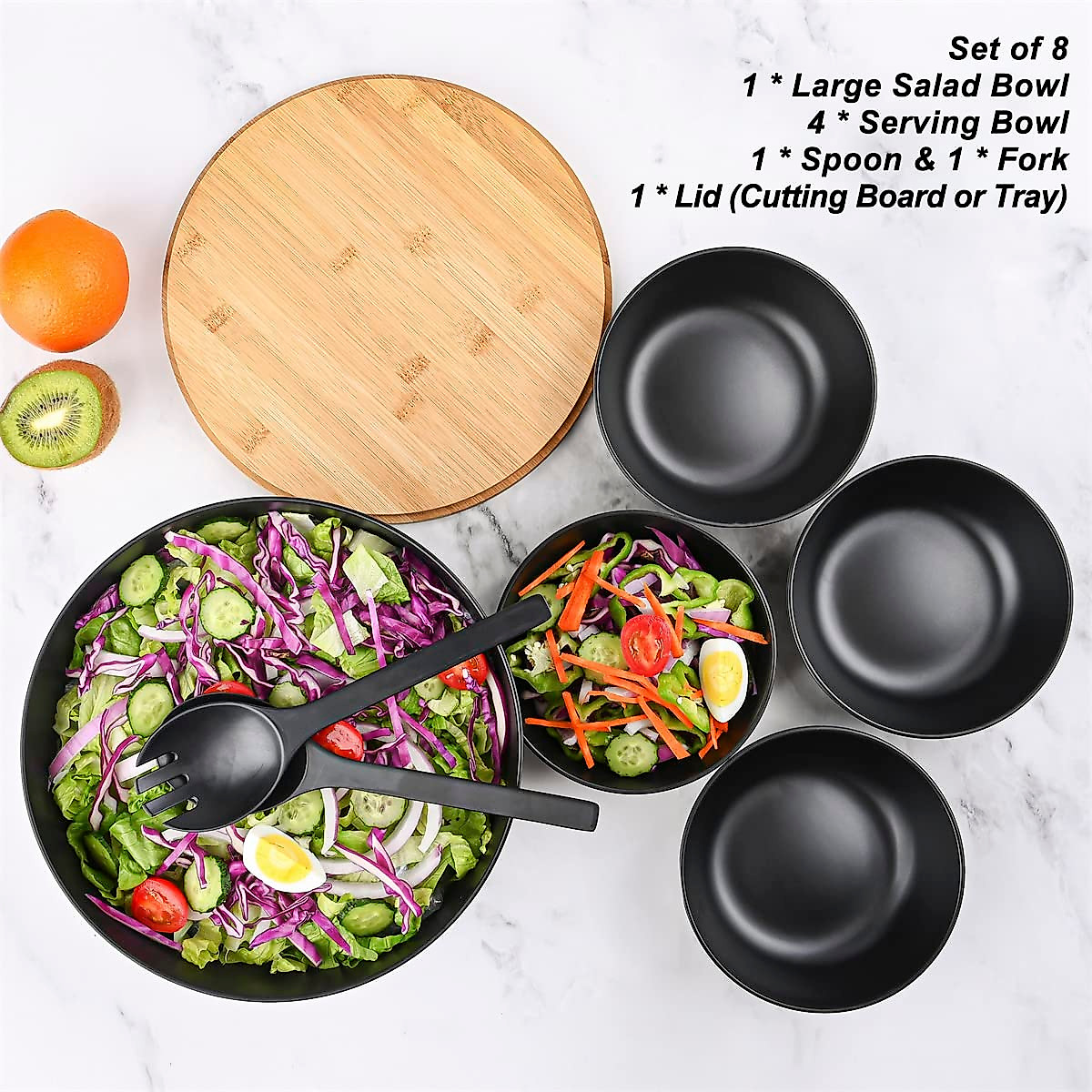 LOVYANXUE Salad Bowl with Lid, 9.8" Large Salad Bowl Set with Lid Spoon Fork, Natural Bamboo Fiber Salad Bowl and 4 small Bowls for Salad, Fruits, Vegetables, Pasta, Popcorn