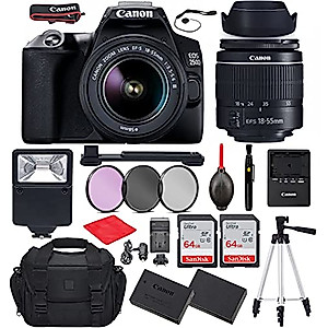 Camera Bundle for Canon EOS 250D (SL3) DSLR Camera with EF-S 18-55mm f/3.5-5.6 III Lens Bundle, Accessories (Extra Battery, Digital Slave Flash, 128Gb Memory, 50" Tripod and More)