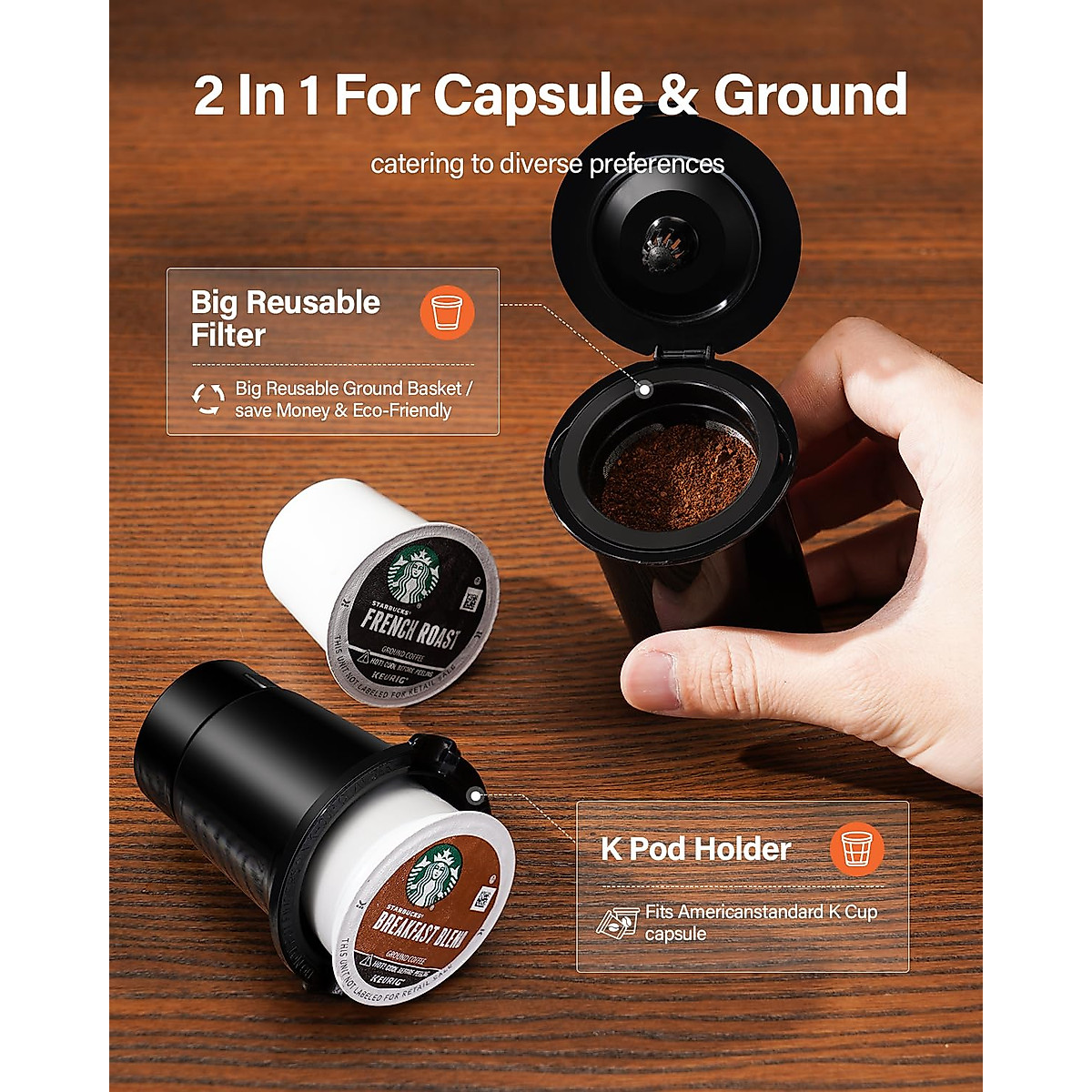 SHARDOR Single Serve Coffee Maker, Hot and Iced Coffee Machine for K-Cup Pods & Ground Coffee, 6 to 14 oz Brew Sizes, 50 oz Removable Water Tank, Bold Brew Setting, Stainless Steel, Black