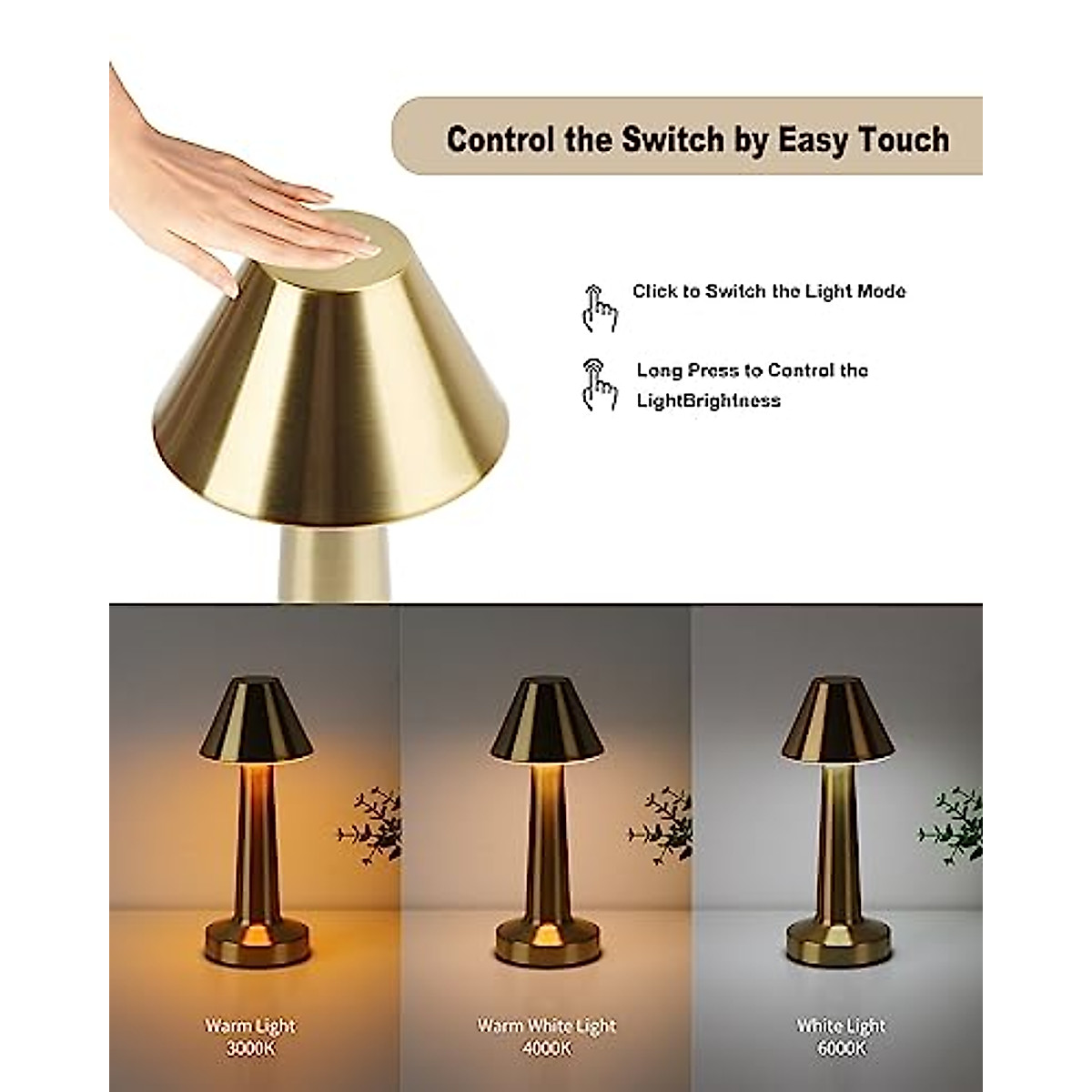 Cluelyhoo Cordless Table Lamps,Rechargeable Battery Operated Led Desk Lamp,3-Level Brightness Portable Table Lamp,for Bedroom/Couple Dinner/Desk/Cafe/Dining Room/Terrace(Gold)