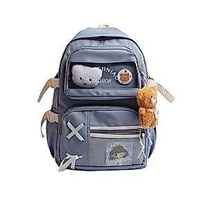 NUFR Kawaii Backpack With Kawaii Pin Kawaii Pendent Bear Kawaii Sticker Kawaii Bag Cute Mesh Lace (Blue)