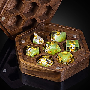 UDIXI Wooden Dice Box Skull Pattern, Walnut Dice Case with Magnetic Lid for Storage 7-Die Polyhedral Dice Set, Easy Carring, DND Gift (Hexagon)