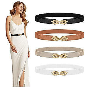 4 Pack Women Skinny Elastic Belt Ladies Fashion Stretchy Thin Waist Belt For Dresses Black/White/Brown/Beige