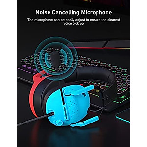 SENZER SG500 Surround Sound Pro Gaming Headset with Noise Cancelling Microphone - Detachable Memory Foam Ear Pads - Portable Foldable Headphones for PC, PS4, PS5, Xbox One, Switch - Red&Blue