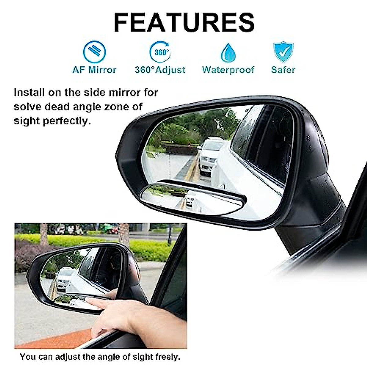 LivTee Blind Spot Car Mirror, Long Framed HD Glass and ABS Housing Convex Wide Angle Side Rearview Mirrors with Adjustable Stick for Universal Car (2 pcs)
