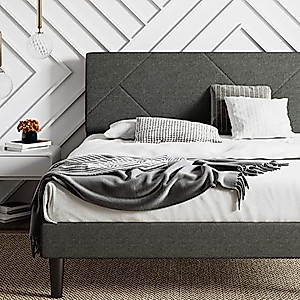 IMUsee Full Size Bed Frame, Upholstered Bed Frame with Geometric Headboard, Heavy Duty Mattress Foundation with Wooden Slats, Easy Assembly, Dark Grey