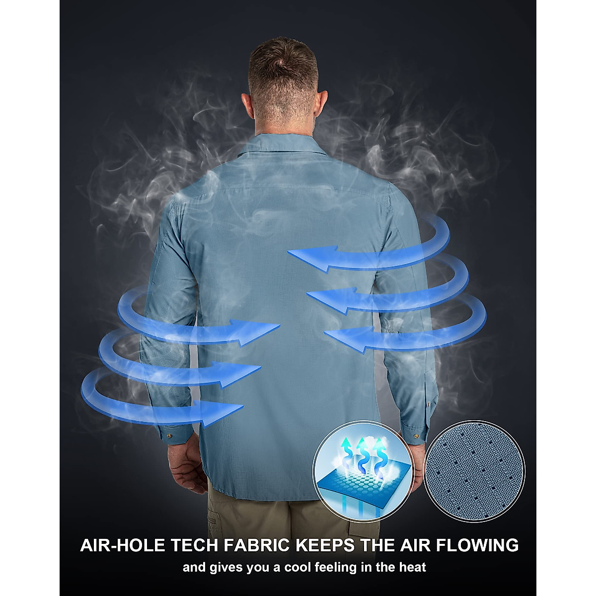 33,000ft Men's Long Sleeve Sun Protection Shirt UPF 50+ UV Quick Dry Cooling Fishing Shirts for Travel Safari Camping Hiking Ocean Blue