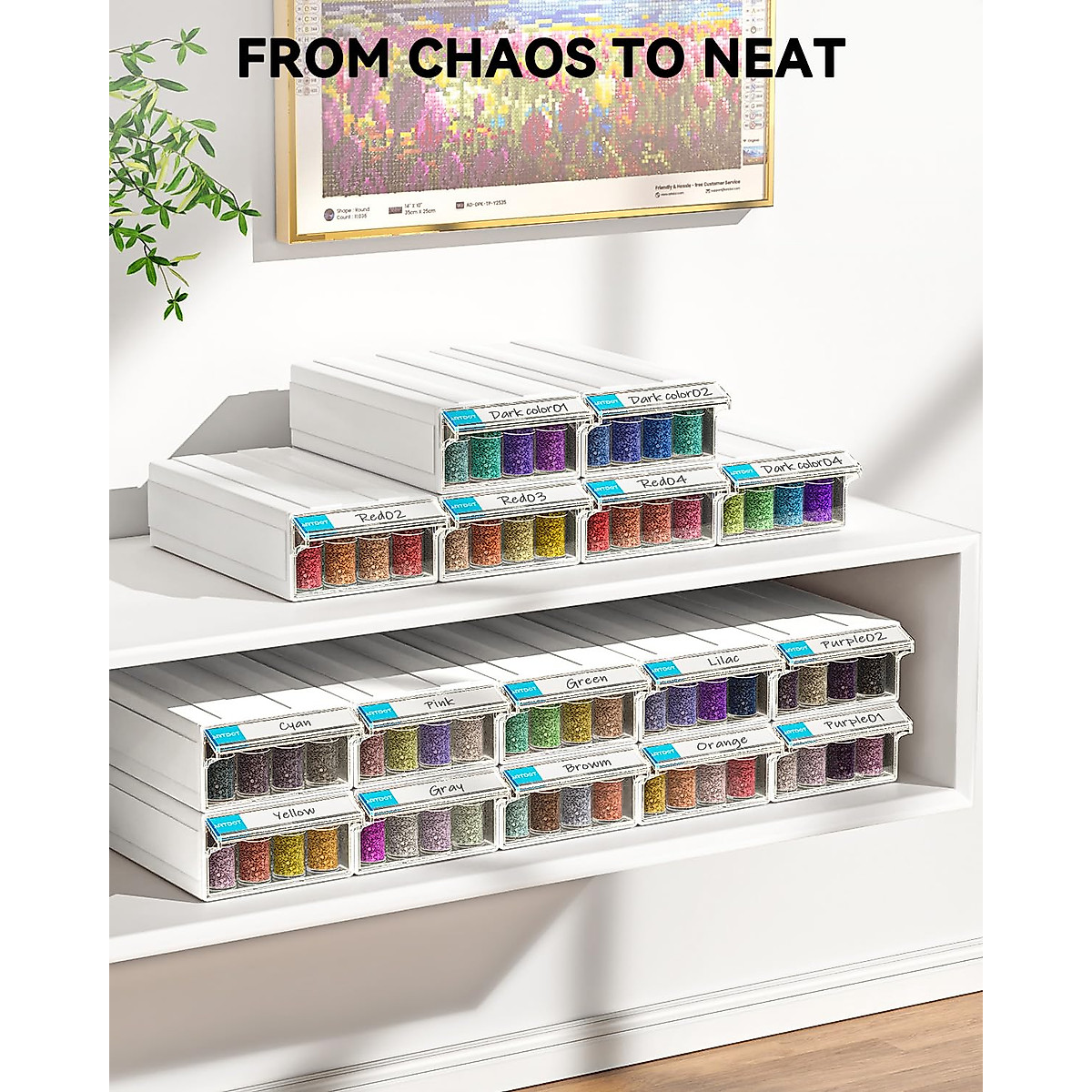 ARTDOT Diamond Painting Storage Containers, 4 Pack Stackable Bead Organizers with 128 Slots and Diamond Art Accessories and Tools for Beads Nail Pill Rhinestones Seed