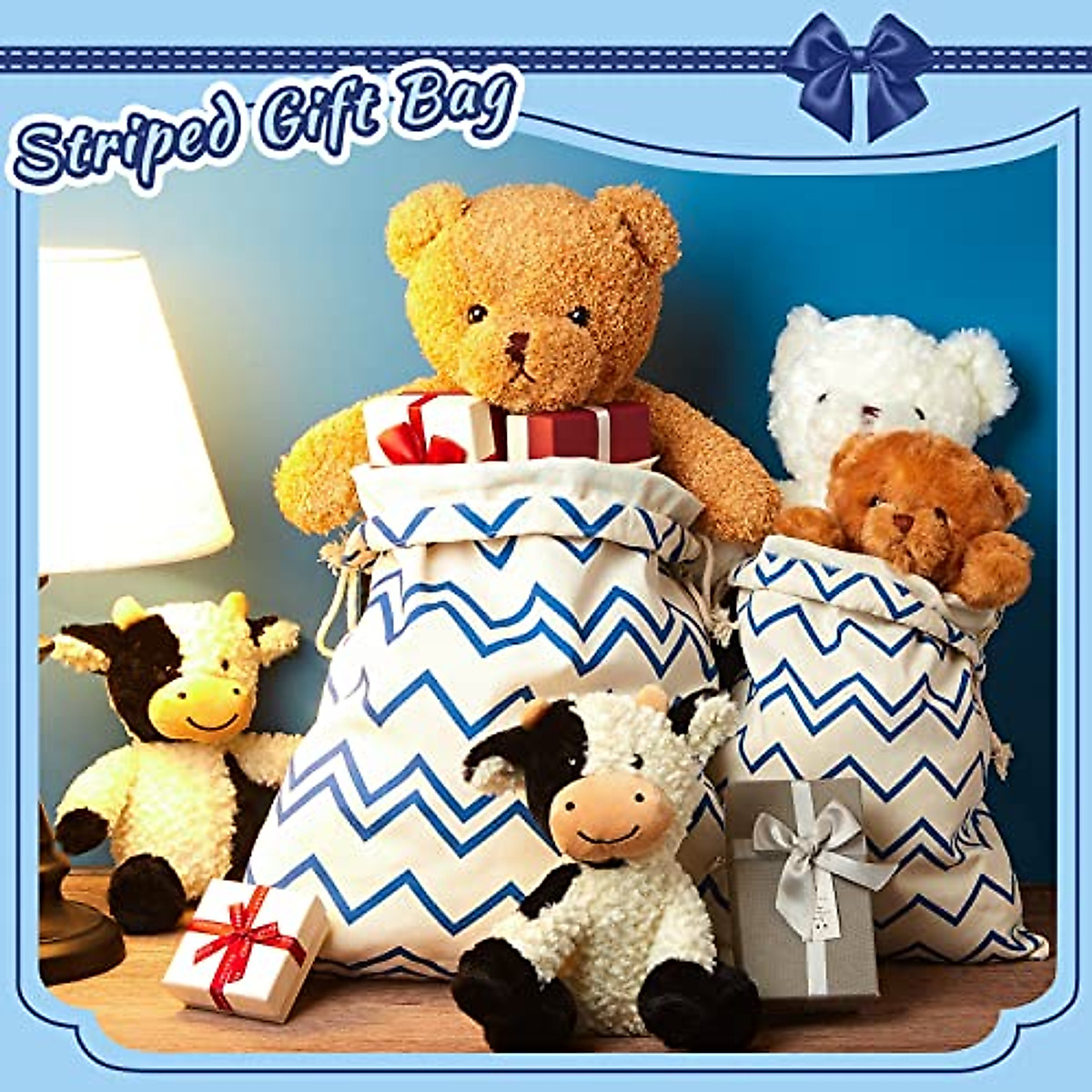 Dunzy 2 Pack Drawstring Gift Bags Large Ivory and Blue Stripe Fabric Gift Bags Reusable Canvas Gift Bags for Father's Day Birthdays Holiday, 15.8 x 19.7 Inch, 11.8 x 15.8 Inch