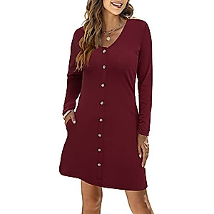 SOLERSUN Tunic Dresses with Pockets for Women, Women's Casual T-Shirt Dresses Long Sleeve Stripe Tunic Loose Swing Autumn Dress with Pockets Wine red L