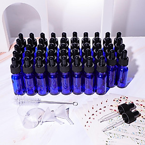 HWASHIN 48 Pack 1/2 oz (15ml) Cobalt Blue Glass Bottles with Glass Eye Droppers for Essential Oils, Perfumes & Lab Chemicals (Brush, Funnels, 2 Extra Droppers, Labels & Measuring Cup Included)