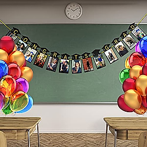 2022 Graduation Photo Banner, Congrats Grad Props Decorations for Party Supplies - 13 Pcs Golden Black Hanging Banners for Elementary, Middle, High School and College Graduation Party