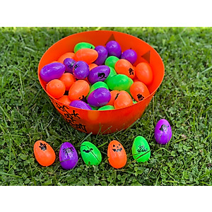 Iconikal 72-Count Halloween Eggs - Durable Plastic Holiday Treat Containers in Orange, Neon Green, and Purple Featuring 6 Different Fun Designs (2.3 x 1.6)