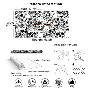 HAOKHOME Halloween Peel and Stick Wallpaper Sugar Skull Floral for Bedroom Black/White Removable Accent Wall Decorations 17.7in x 32.8ft