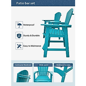 Aoorun 59''H Tall Adirondack Chairs, Balcony Chairs Set bar Height, Outdoor Chairs Set with Table (27.9" W x 51.9" H) - Blue