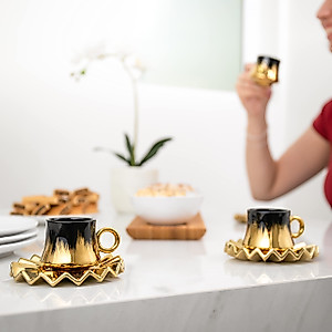 GLOXZY Turkish Coffee Cup Set of 6 with Saucers & Tray - Luxury Arabic Greek Japanese Marble Ceramic Tea Cups for Espresso Cappuccino Latte Mocha, Ideal Gift - 3.5oz, Black Gold