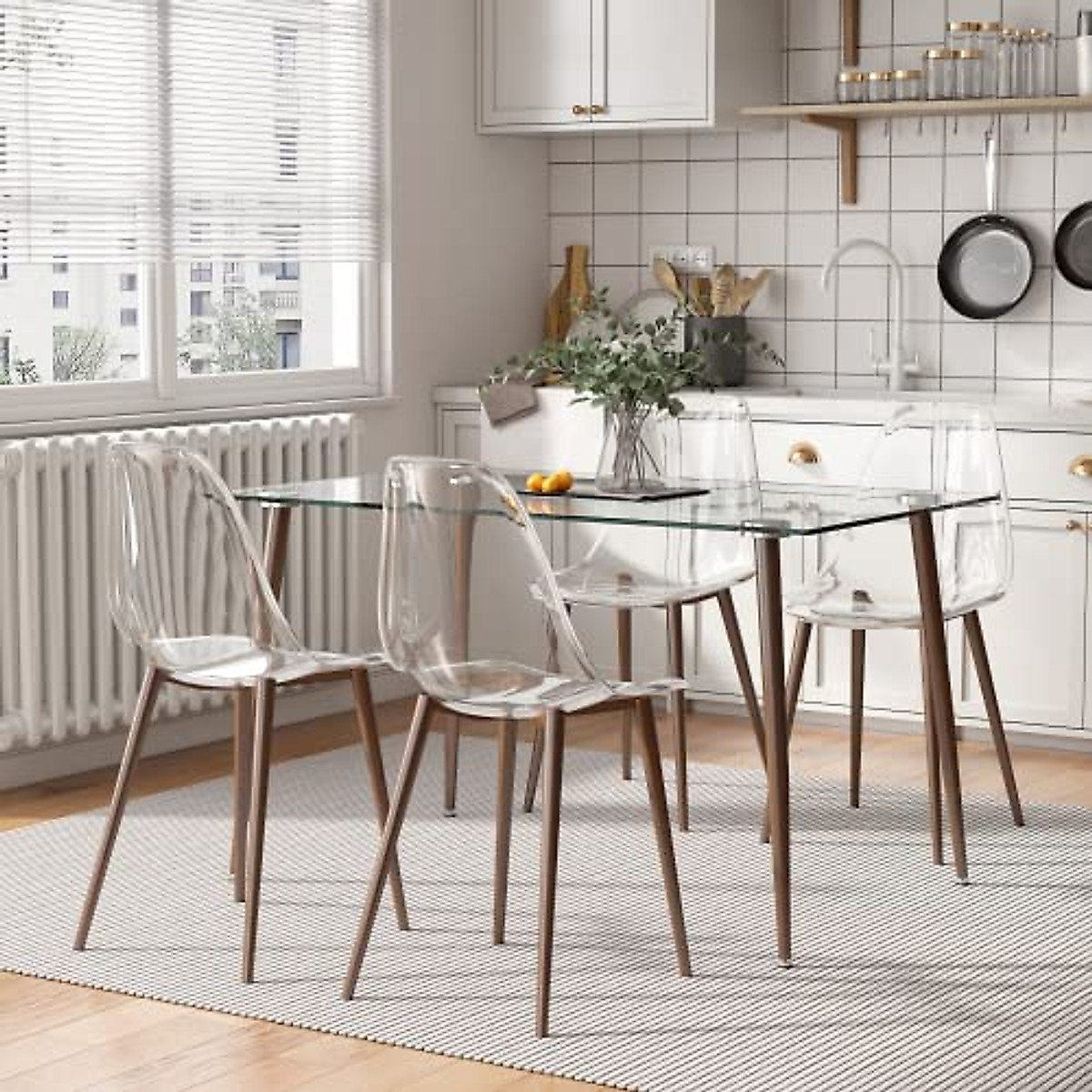 Glass Dining Table Set for 4, 51 inch Dining Table & Chair Sets with Dark Wood Metal Legs for Kitchen, Modern Rectangle Tempered Glass Table Top and Transparent Plastic Dining Chair for Dining Room