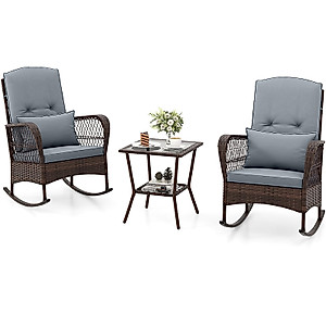 Tangkula 3 Piece Patio Rocker Set, Patiojoy Outdoor Wicker Rocking Chairs w/Double-Layer Coffee Table, Rattan Rocker Chair Set w/Seat Back Cushions & Pillows, for Porch, Backyard, Poolside (Grey)