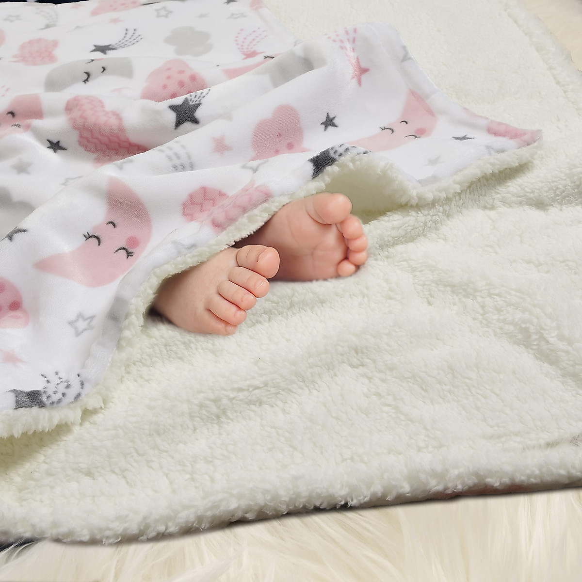 Life Comfort Ultimate Sherpa Baby Blanket, Fluffy Pink and Grey Cloud and Moon Premium Blanket for Baby Girl, Soft Warm Cozy Toddler, Infant or Newborn Blanket for Crib, Stroller, Travel, Nursery