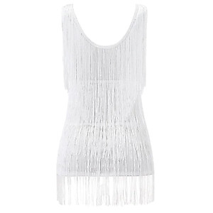 PETYCZEN Women's Tassel Dress Sexy Sleeveless Spaghetti Strap Backless 1920s Flapper Gatsby Mini Dress, Elegant Sparkly Fringe Tango Latin Dance Dress Cocktail Party Dresses(M-White,X-Large)