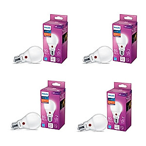 Philips LED Ultra Definition Dusk to Dawn Flicker-Free A19 Light Bulb, Frosted, Dimmable, EyeComfort Technology, 800 Lumen, Soft White Light (2700K), 8.8W=60W, E26 Base, T20 Certified, (573238) 4-Pack