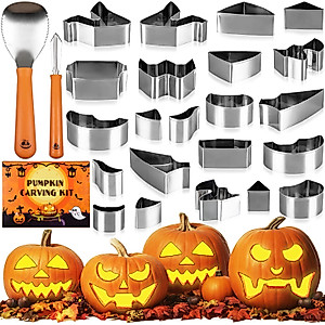 Pumpkin Carving Kit 24 PCS Pumpkin Carving Tools with Stencils Professional Pumpkin Cutting Kit with Puncher and Spoon for Kids Adults Stainless Steel DIY Pumpkin Carving Set for Halloween Decoration