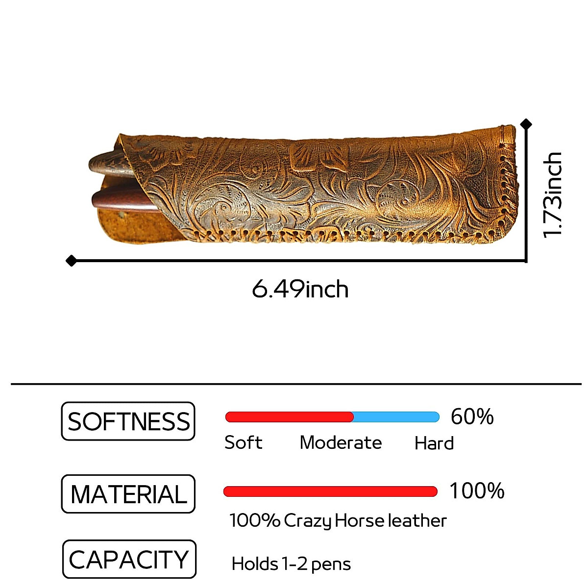 TechMoonPro Leather Pen Case,Double Pencil Case for Handmade Crazy Horse Leather,for Apple Pencil,Pen(Carved)