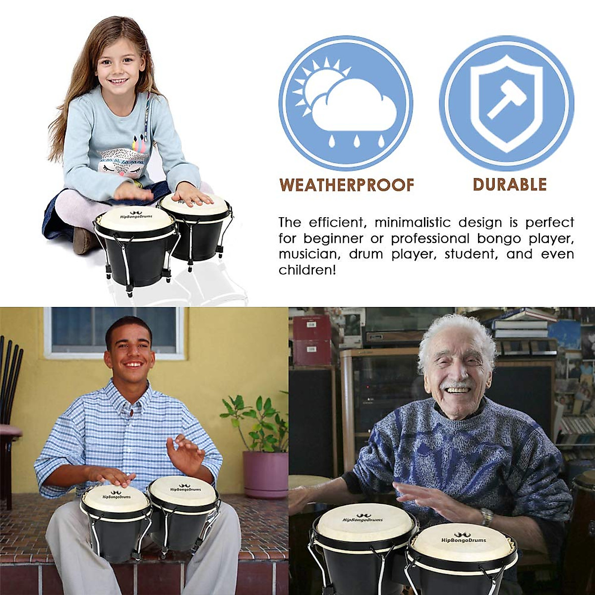 Bongo Drum Set for Adults Kids Beginners Professionals, Upgrade Packaging, Set of 6 and 7 inch Tunable Percussion Instruments, Natural Animal Hides Hickory Shells Wood Metal with Tuning Wrench